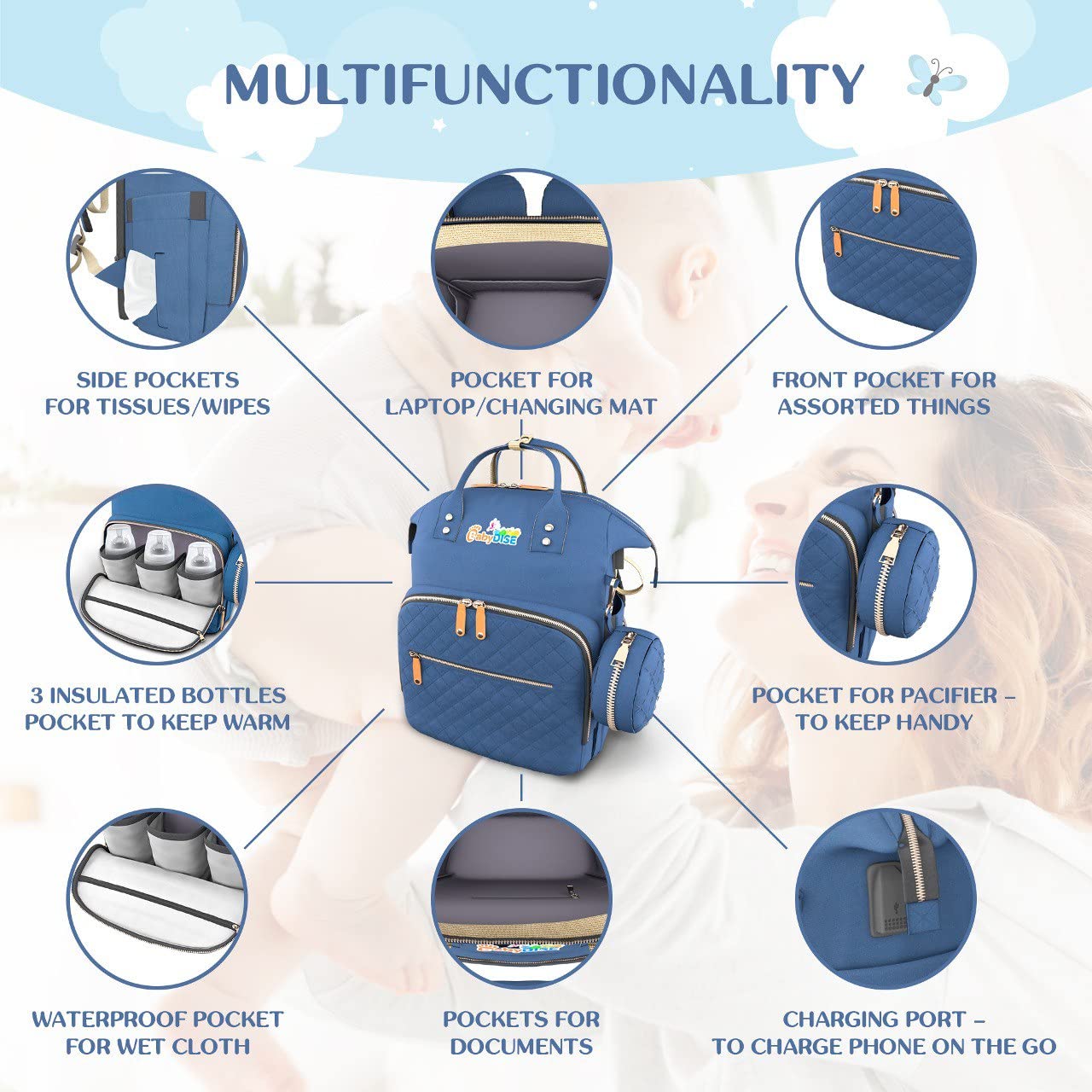 BABYDISE Baby diaper bag backpack (Blue)