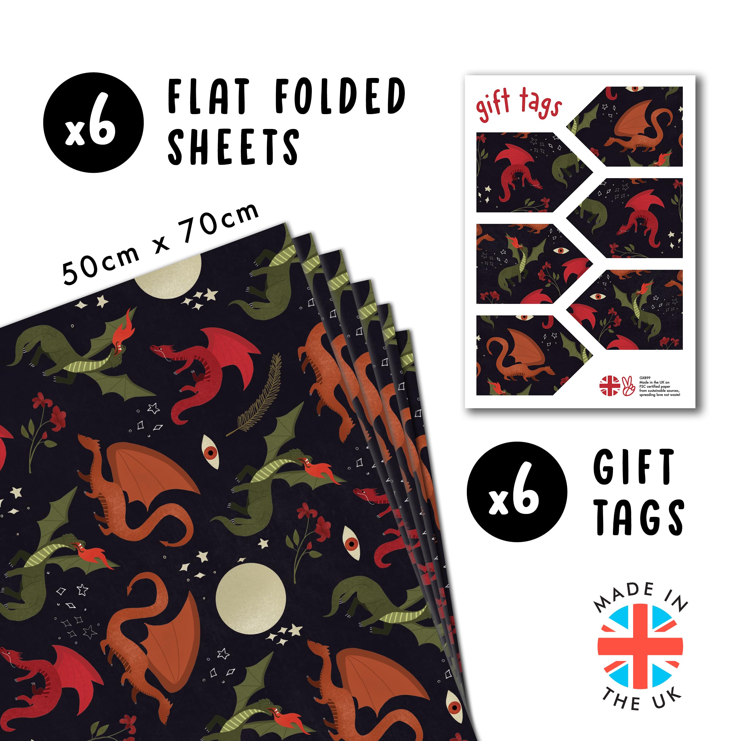 CENTRAL 23 Black Wrapping Paper - 6 Sheets of Birthday Gift Wrap - Dragons - Moon - Star - For Men Women - Halloween - Comes with Stickers - Recyclable