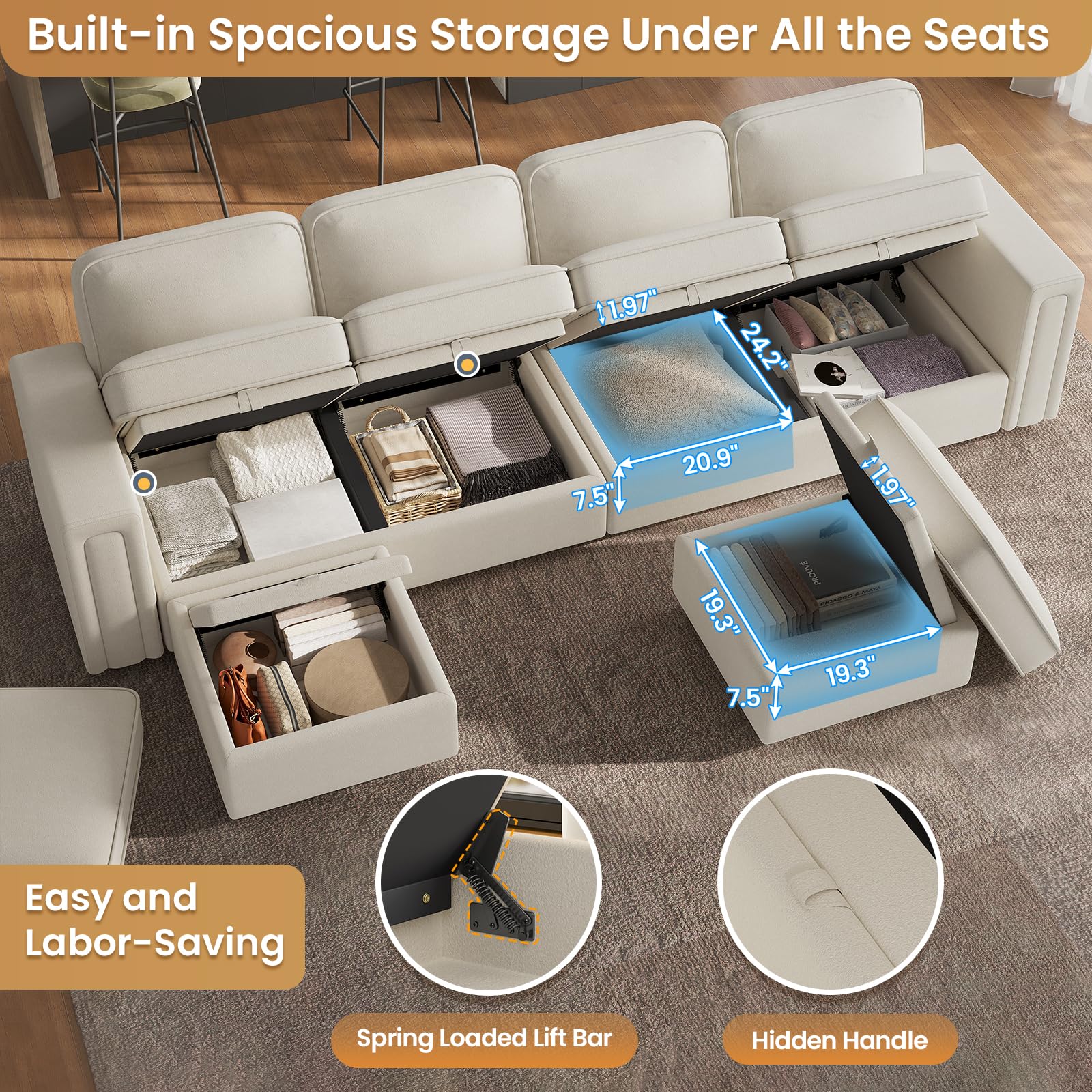 Brinlawb Sectional Sofa with Storage 110'' Convertible U Shaped Modular Sofa Couch with Reversible Chaise and Waist Pillow 6 Seater Chenille Sectional Couches with Ottomans for Living Room,Beige