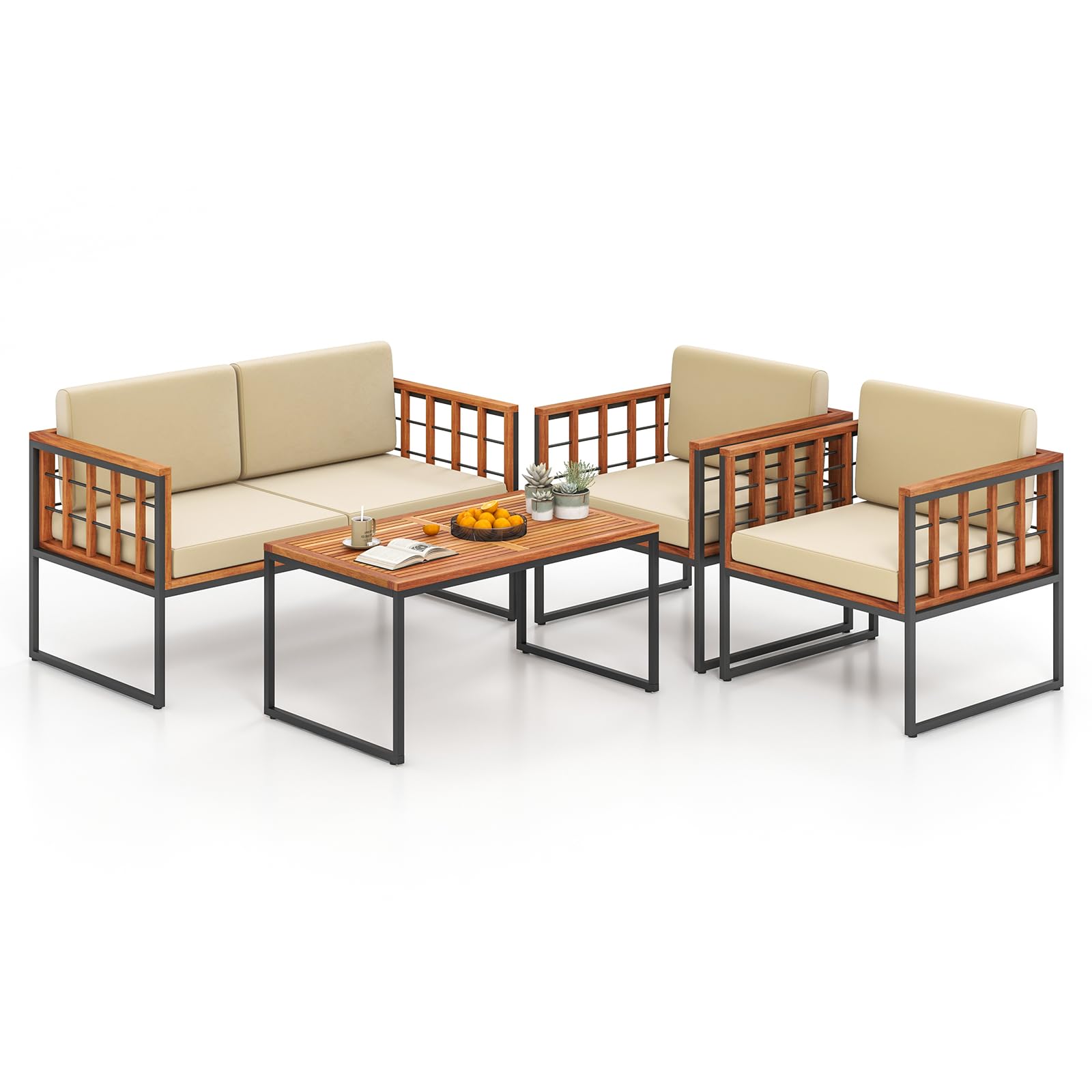 Tangkula Acacia Wood Outdoor Sofa Set, 4 Pieces Outdoor Furniture Set with Heavy Duty Metal Frame, Soft Seat & Back Cushions, for Balcony, Porch, Backyard or Poolside (1, Beige)