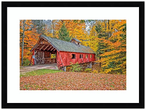 Amanti Art Framed Wall Art Print (21x16) Loon Song Covered Bridge by Gail Howarth Framed Poster for Wall Decor, Living Room, Bedroom, Bathroom, Kitchen, Office or Business Artwork from WI, USA
