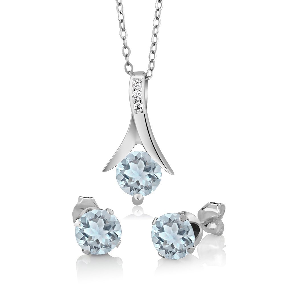 Gem Stone King 925 Sterling Silver Aquamarine Pendant and Earrings Jewelry Set For Women (2.25 Cttw, Round Gemstone Birthstone, with 18 Inch Silver Chain)