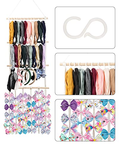 MoHern Headband Bow Holder Organizer for Girls, Baby Hair Bows Hanger with 30 Hooks, Hair Clip Accessories Storage Macrame Rack Boho Wall Hanging Decor for Nursery Room