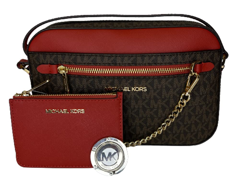 Michael Kors Jet Set Large Chain Crossbody Bag bundled with with SM TZ Coinpouch Wallet and Purse Hook (Signature MK Brown/Flame)
