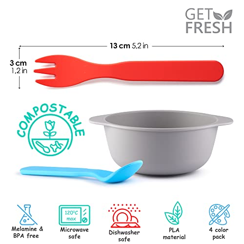 GET FRESH PLA Kids Spoons and Forks Set β 8-Pack Melamine Free PLA Utensils for Kids Toddlers β Reusable Microwave Safe Childrens Cutlery Set β Biodegradable PLA Kids Dinnerware Spoons and Forks
