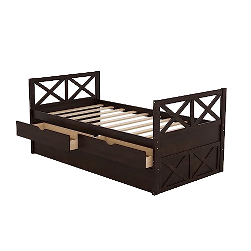 Brisca Twin Size Multi-Functional Daybed with Two Drawers and Trundle,Solid Pine Wood Bed W/X Frame On Side,for Guest Room,Bedroom,Espresso