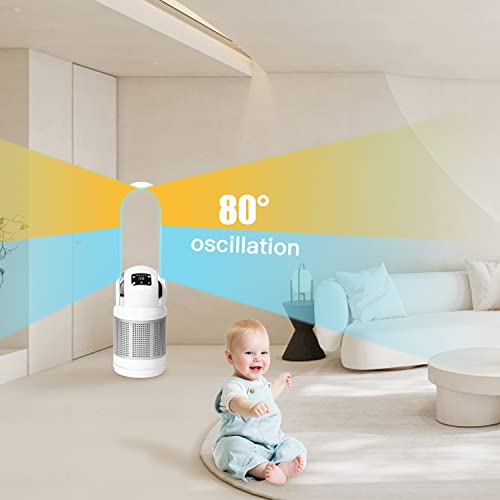 HEATIT Bladeless Fan with Remote and Air Purifier Tower Fan 80° Oscillating with 8 Speeds 8H Timer Air Circulator Fan for Home Bedroom Kitchen and Office White