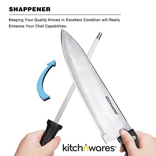 Knife Set With Wooden Block - 15 Piece Set Includes Chef Knife, Bread Knife, Carving Knife, Utility Knife, Paring Knife, Steak Knife, Boning Knife, Scissors And Knife Sharpener. - By Kitch N’ Wares