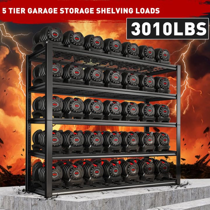 REIBII 3010LBS Storage Shelves 48.2'' W Garage Shelving Heavy Duty Shelving 5 Tier Adjustable Metal Shelves for Storage Rack Wire Shelving Industrial Utility Shelf 48.2'' W X 24.5'' D X 72'' H