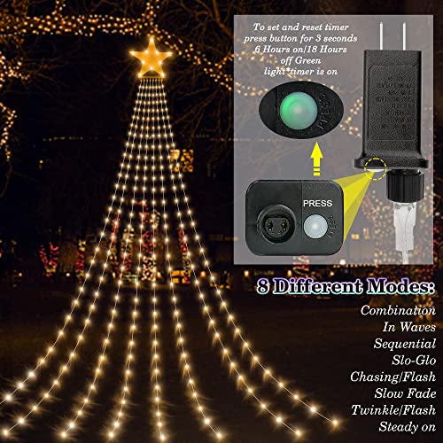 Ghope 298 LED 11.5ft Christmas Decorations Waterfall Lights,8 Modes Timer IP44 Waterproof Christmas Light,Tree Lights with Star Topper,Hanging Fairy Twinkle Lights for Holiday, Party, Wedding