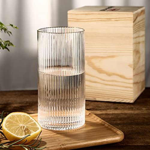 INSETLAN Glass Cups Vintage Glassware Set of 4 Large, Origami Style Transparent Cocktail Glasses Set, Bar Beverages Ice Coffee Cup Juice Ripple Drinkware, 450ml (L)