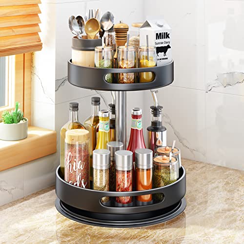 Lazy Susans Organizer 2 Tier Metal Steel, Turntable Height Adjustable, SAYZH Rotating Spice Racks for Pantry Cabinet Cupboard Table, 12 inch, Black