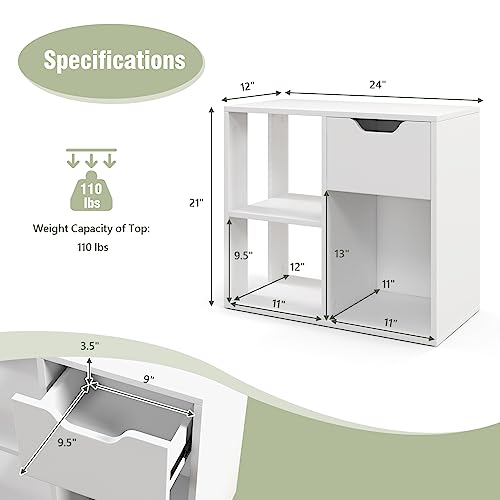 Giantex 3 Cube Bookcase with Drawer White, 21" Wooden Floor Standing Storage Organizer w/Open Storage Cabinet, Freestanding Display Shelf for Bedroom Living Room Kid’s Playroom Reading Nook (1)