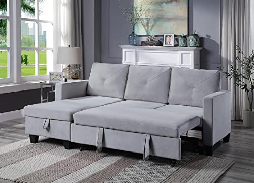 GLANZEND Velvet Convertible Sleeper, L-Shape 3 Seater Reversible Sectional Couch with Storage Chaise, Pull-Out Sofa Bed for Living Room, Small Apartment, Dorm, Light Gray, 60 Inch