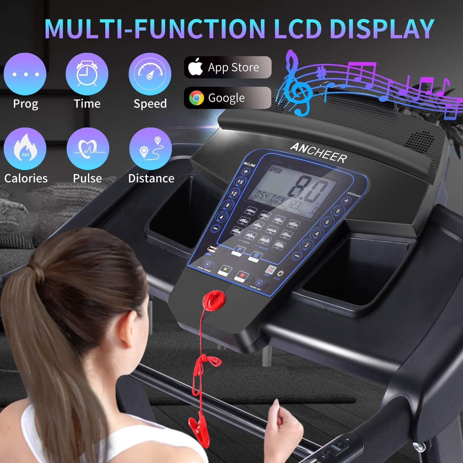 ANCHEER 3.25HP Treadmill,APP Treadmill 300lb Capacity,Folding Treadmills with 15% Auto Incline,Electric Smart Control Running Machines with Bluetooth Speaker,LCD Dispaly,Foldable Treadmill for Home