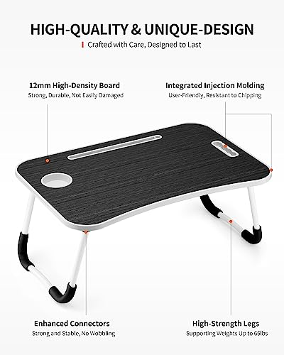 FISYOD Foldable Laptop Table, Portable Lap Desk Bed Table Tray, Laptop Stand with Cup Holder & Tablet Slot & Lifting Handle for Working Writing Drawing & Eating (Black)