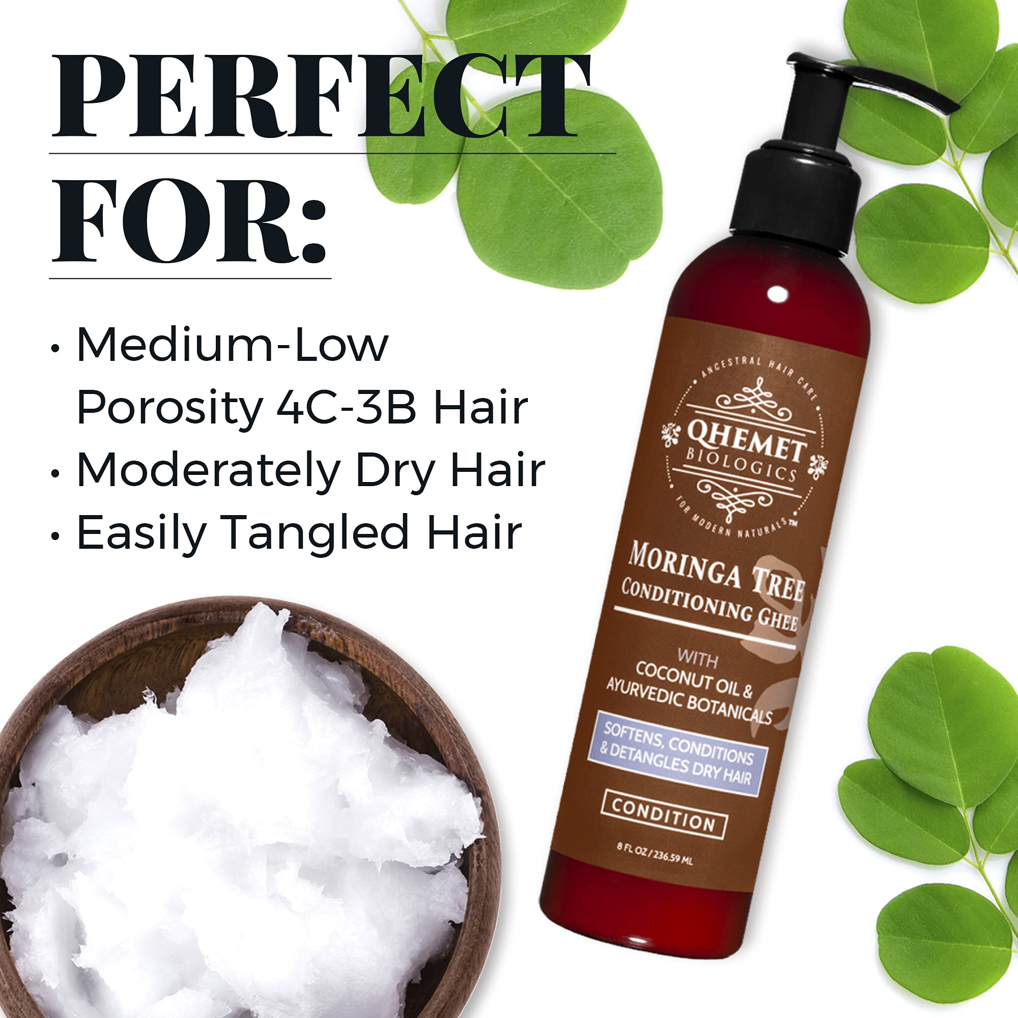 Qhemet Biologics Moringa Tree Conditioning Ghee - Lightweight Detangling Condition - Softens Moderately Dry Hair Without Weighing Down - Perfect for Stretching Tight Kinks & Coils (8 oz)