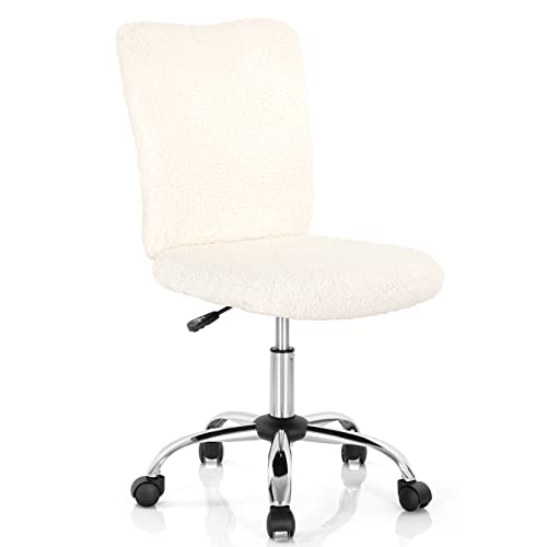 Giantex Faux Fur Office Chair, Armless Home Desk Chair, Height Adjustable Swivel Cute Chair, Middle Back Chair w/Chrome Base, Modern Fuzzy Vanity Chair, Rolling Task Chair for Study Bedroom (Ivory)
