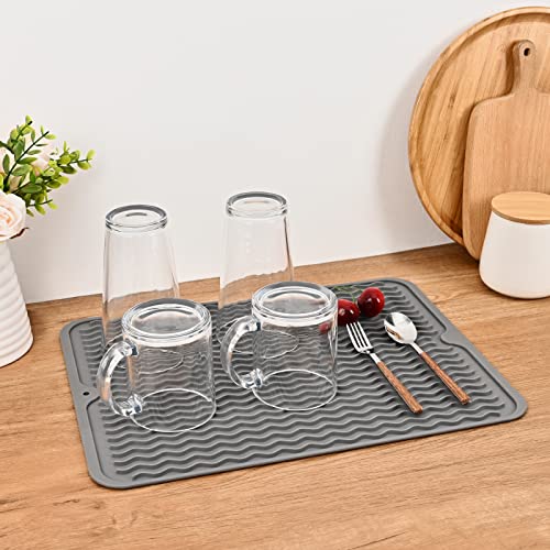 Elyum Dish Drying Mat, Silicone Drying Mat Heat Resistant Dish Mat Non-Slip Easy Clean Drying Mats for Kitchen Counter Sink(16" x 12'', Gray)