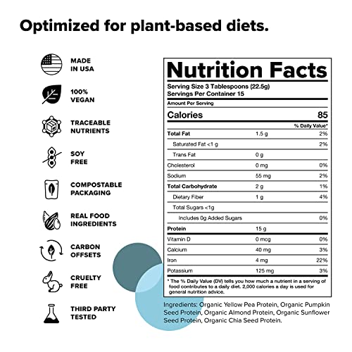 Complement Organic Unflavored Vegan Protein Powder (15 Servings) Low Carb, Low Calorie, Sugar Free, Soy Free, Non-GMO, Gluten Free, Non Dairy- Yellow Pea, Pumpkin Seed- 15g Plant Based Protein Powder
