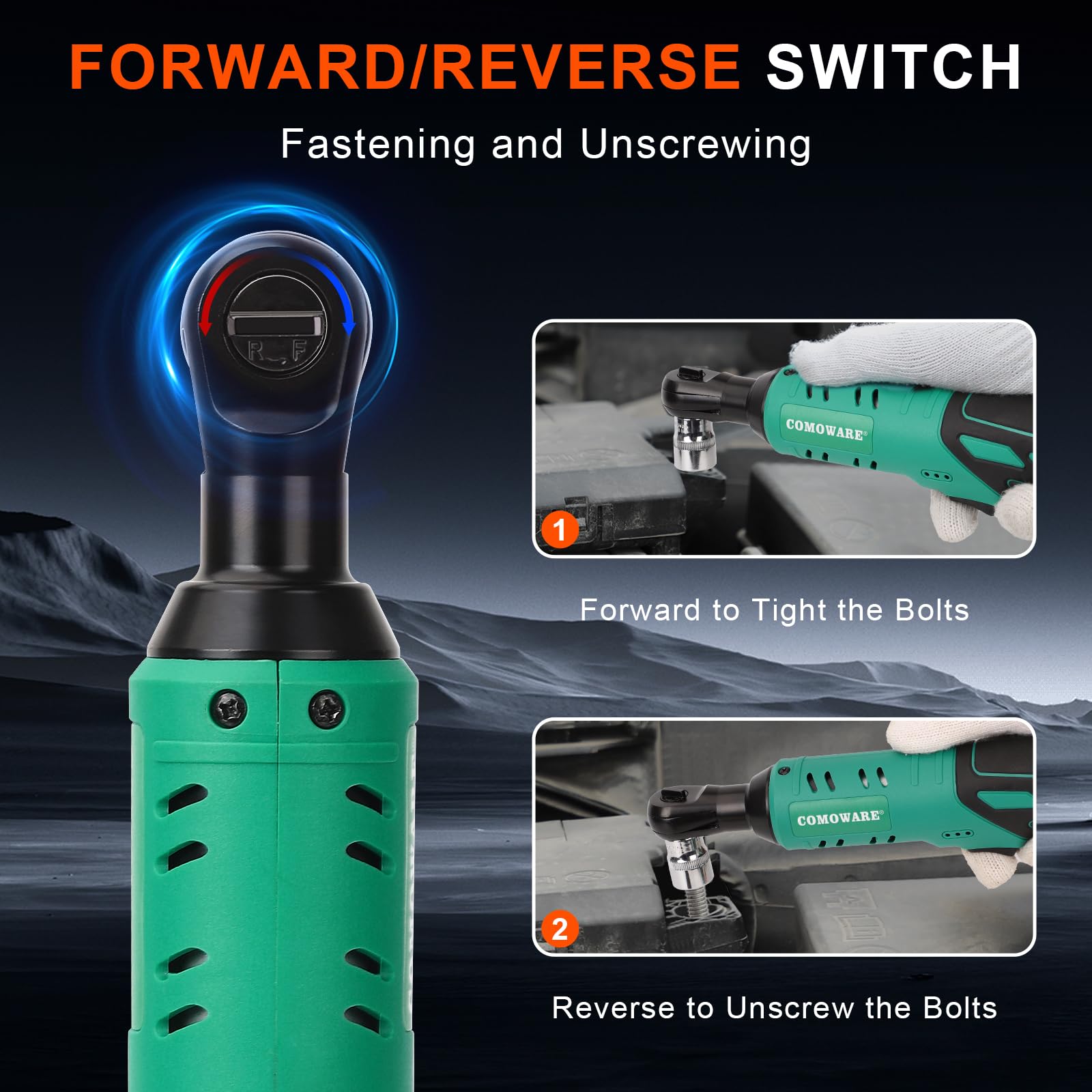 COMOWARE 3/8 Cordless Electric Ratchet Wrench Kit, 40ft-lbs Torque, 12V Power, 8 Sockets, LED Light, Fast Charger, Ergonomic Design