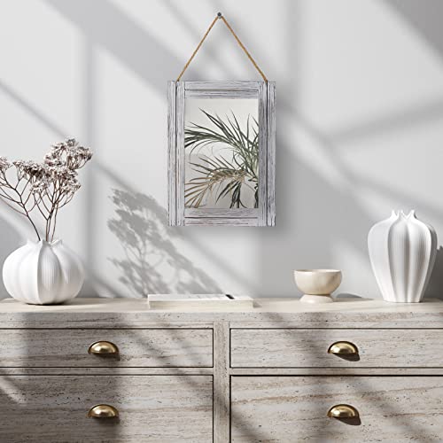 EMAISON 12 x 16 in Wall Decorative Mirror, Rustic Wood Frame Rectangular Mirror with Hanging Rope for Entryway, Bedroom, Guest Bathroom, Living Room, Bedroom - Grey