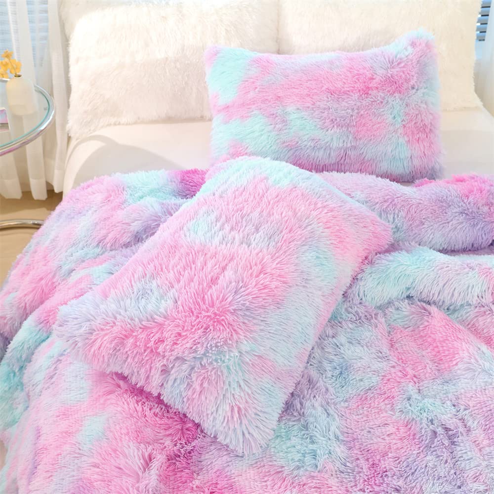 Roscloud Faux Fur Kids Girls Purple Rainbow Comforter Sets Twin/Full - 3PC Bed Set Warm Comfortable Soft Plush Flannel Velvet Fluffy Fuzzy Bedding(Comforter x 1 Pillowcases x 2)