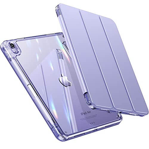 INFILAND Compatible with iPad Air 5th Generation Case 2022, iPad Air 4th Generation Case 2020 10.9 inch with Crystal Clear Back & Pencil Holder [Support Pencil Wireless Charging] English Lavender
