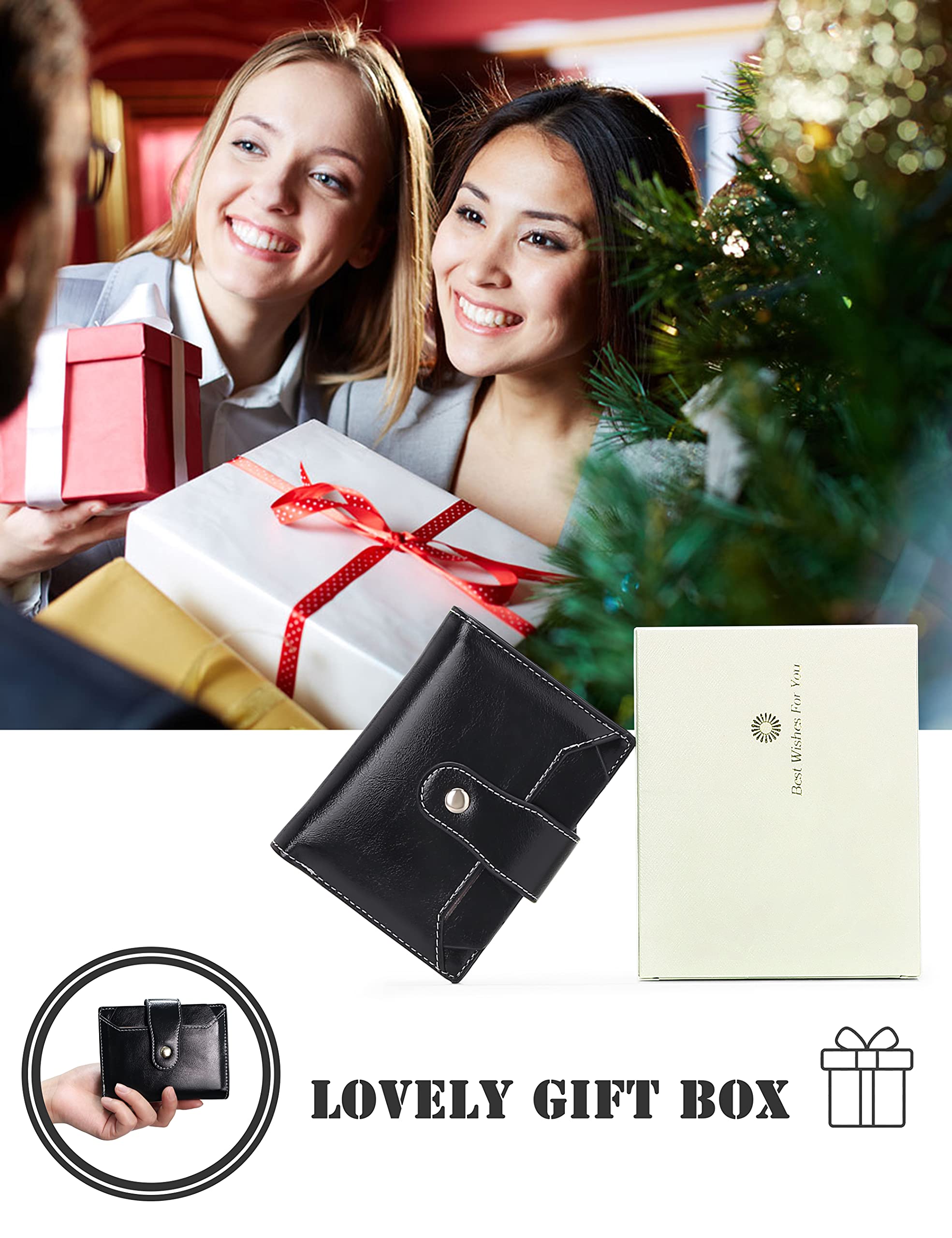 IamaCos Women Artificial Leather Wallets Compact Bifold Wallet RFID Blocking Card Holder Zipper Coin Purse 10 Card Slots 2 ID Windows Black