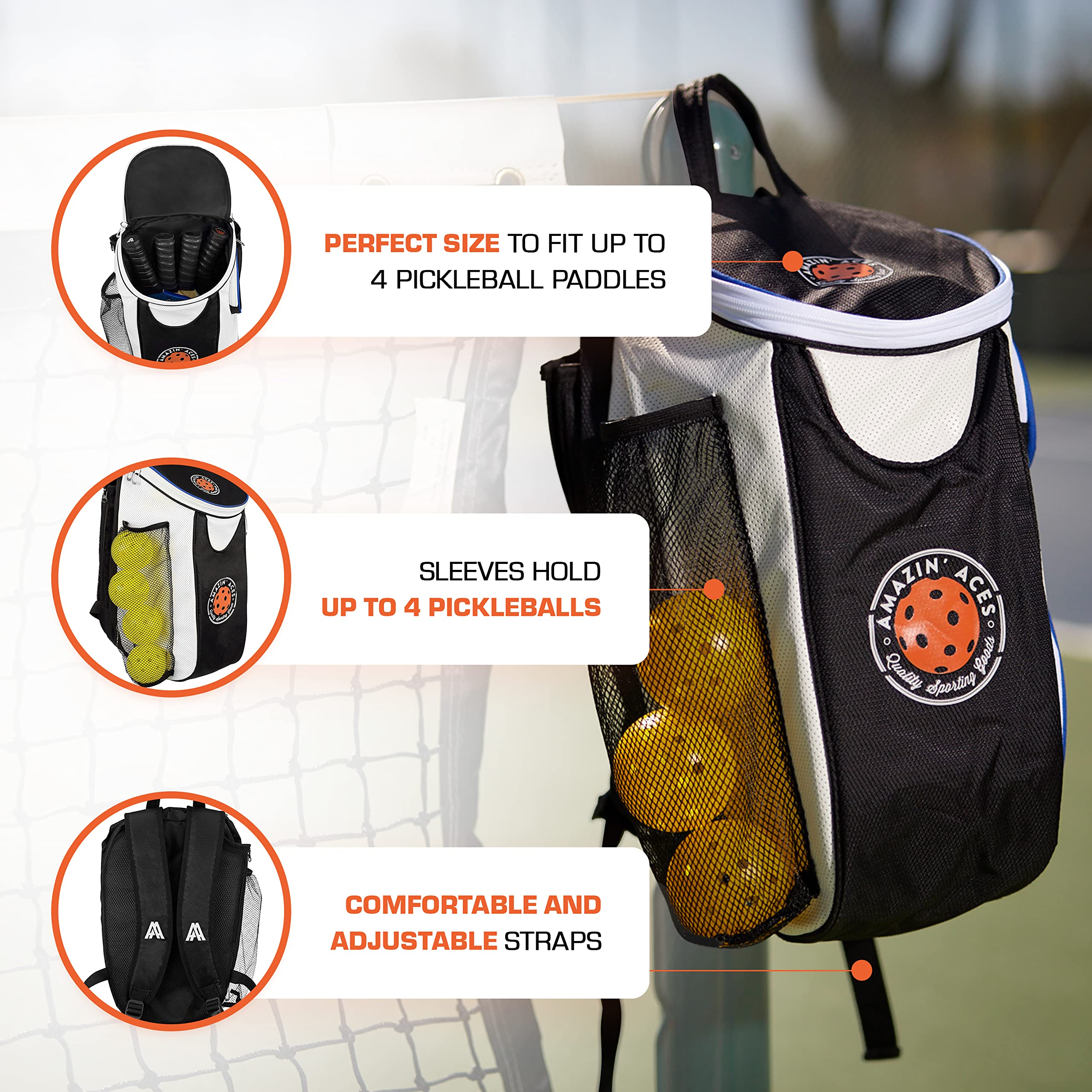 Amazin' Aces Premium Pickleball Backpack | Bag Features Pickleball Holder/Sleeve | Pack Fits Multiple Paddles | Convenient Pockets For Phone, Keys, & Wallet | Padded Back & Straps For Added Comfort