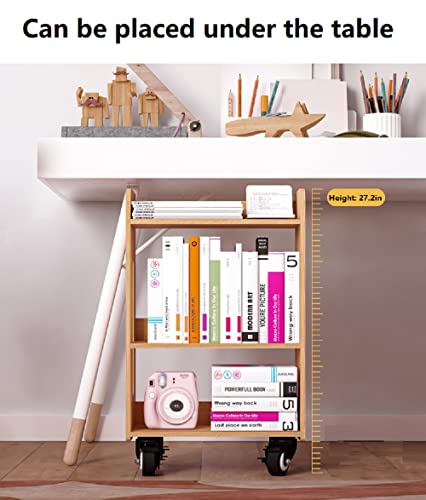 Heehee Mobile Bookshelf on Wheels Bookcase Under Desk Office Cart for Home Office Wooden Bookshelf Sideboard Storage Rack Side Cabinet