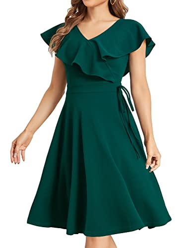 Fantaist Beach Wedding Guest Dresses for Women Casual Summer,Sleeveless Ruffle Wrap V Neck Midi Swing Cocktail Aline Party Dress (S, FT803-Dark Green)