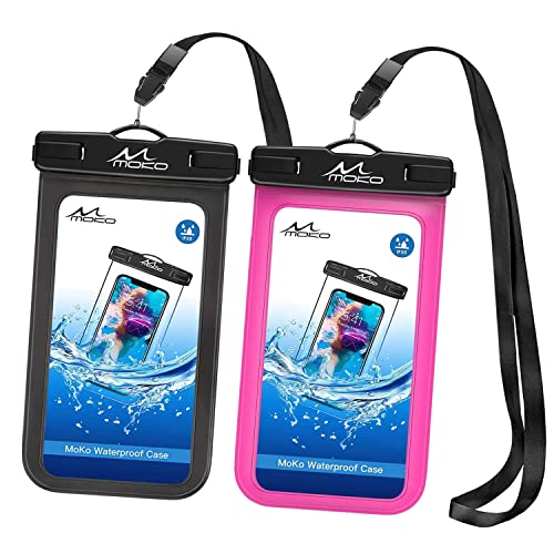 MoKo Waterproof Phone Pouch Holder 2Pack, Underwater Cellphone Case Dry Bag with Lanyard Armband Compatible with iPhone 14 13 12 11 Pro Max X/Xr/Xs/SE 3, Samsung S21/S10, Black+Magenta