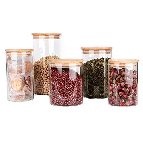 IZEJAZT Glass Jars With Bamboo Lids. 5 Pc Set of Air Tight Sealable Containers. Food Jar Canisters with Airtight Lid for Pantry Storage and Kitchen Organization.