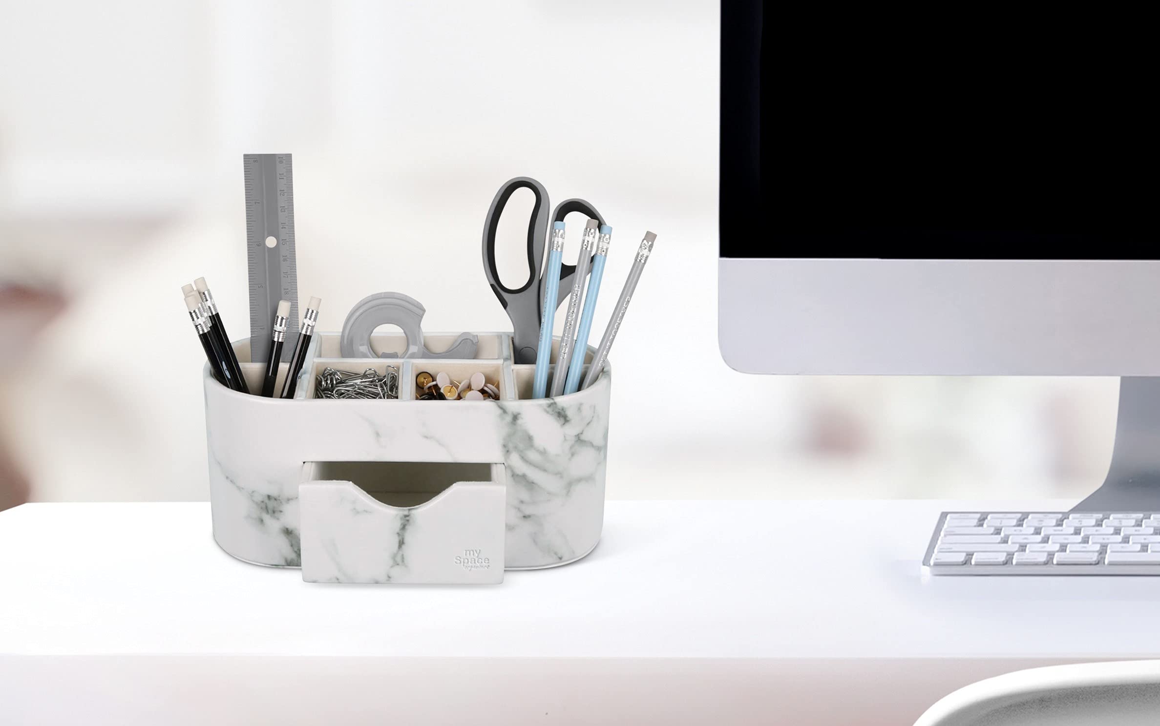 Marble Desk Organizer For Office Supplies Desk Accessories - Pencil Pen Holder Decor - Home School College Organization Desktop Caddy - Faux Leather