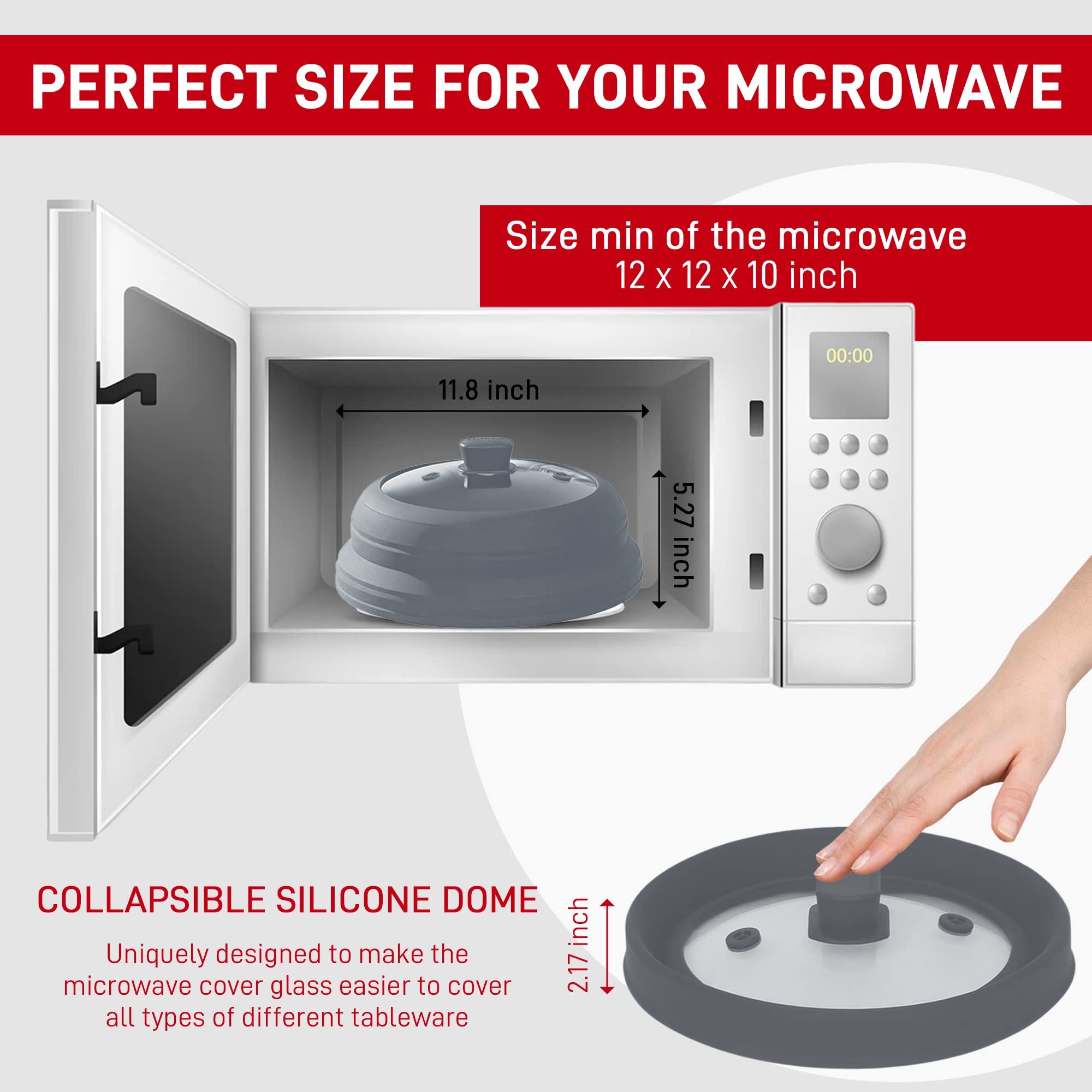 Microwave Splatter Cover Glass - Collapsible Microwave Splatter Cover for Plate & Bowl - Tempered Glass Top, Food-Grade Silicone Dome with Heating Vents & Heat-Safe Handle