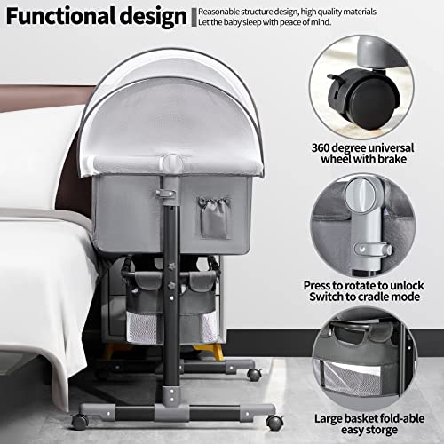 YADAQE Baby Bassinet, Baby Basinet Bedside Sleeper, Easy to Fold Portable Crib Side Bassinet 2023new Style Girl/boy bassinets (Gray)