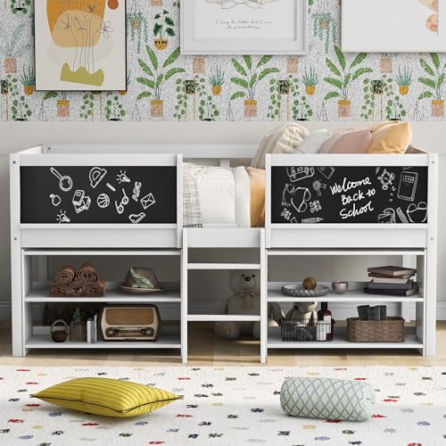 Low Loft Bed with 2 Movable Storage Shelves,Loft Bed with Chalkboard and Ladder,Twin Loft Bed Frames for Kids,Kids Twin Bed Frame Kid Bed Loft Bed for Kids,No Box Spring Needed,White