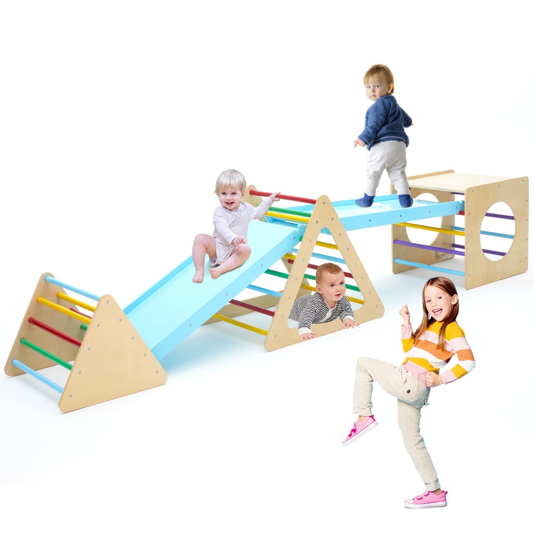 GOME Foldable Climbing Triangle Ladder with Ramp, 2-in-1 Wooden Triangular Climber for Climbing and Sliding, for Children Boys Girls Indoor and Outdoor Use, Toddlers Climbing Toys, Muticolored…