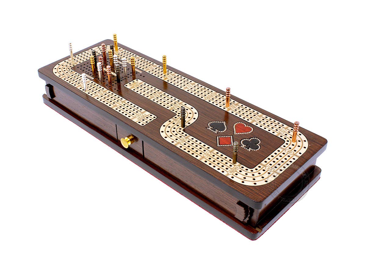 House of Cribbage - Continuous Cribbage Board/Box Inlaid in Wenge Wood/Maple : 4 Track - Cards & Pegs Storage Drawer with Score Marking Fields for Skunks, Corners and Won Games