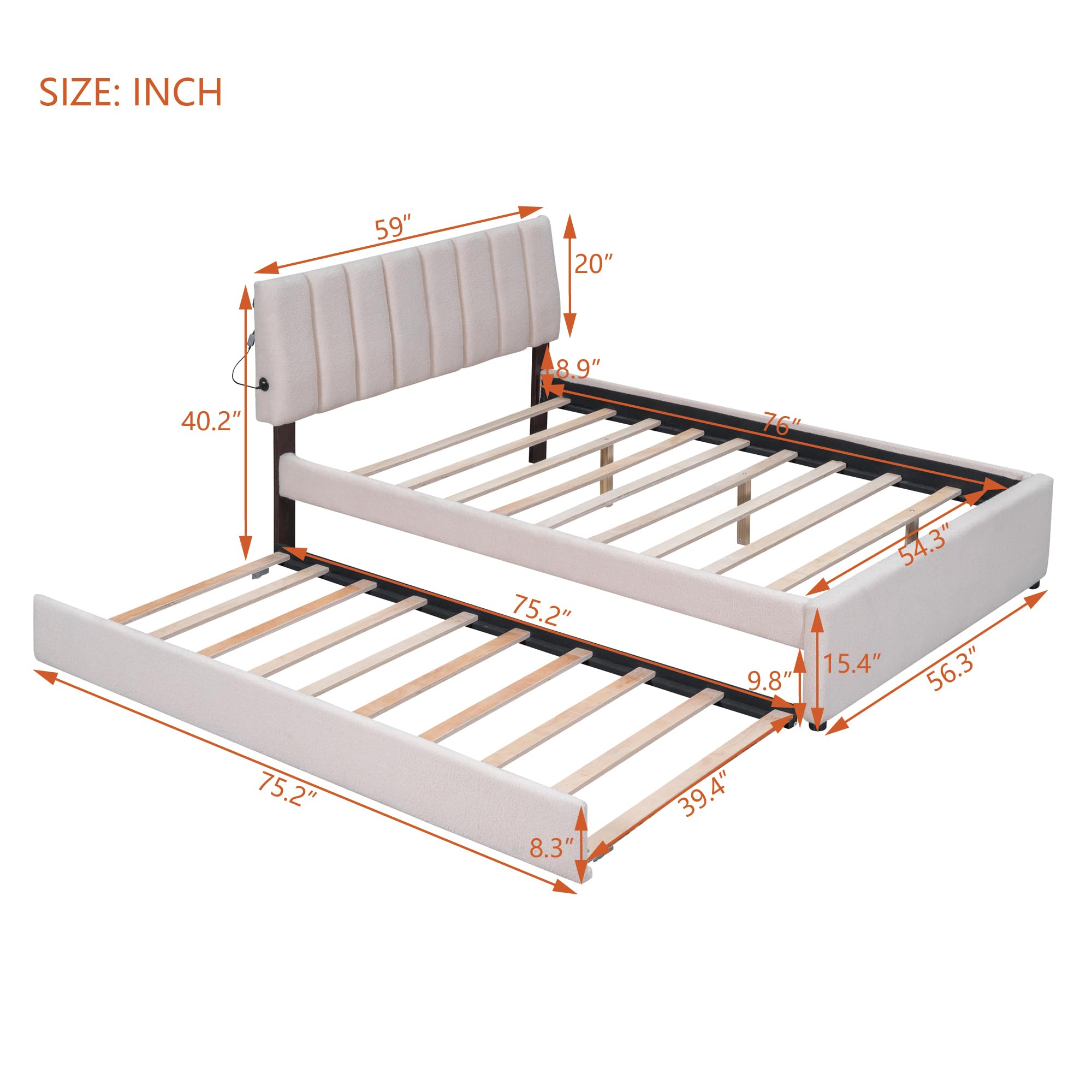 Brisca Full Size Teddy Fleece Upholstered Platform Bed with Trundle and LED,Bed Frame W/Stripe Designed Headboard,for Bedroom,Apartment,Guest Room,Beige