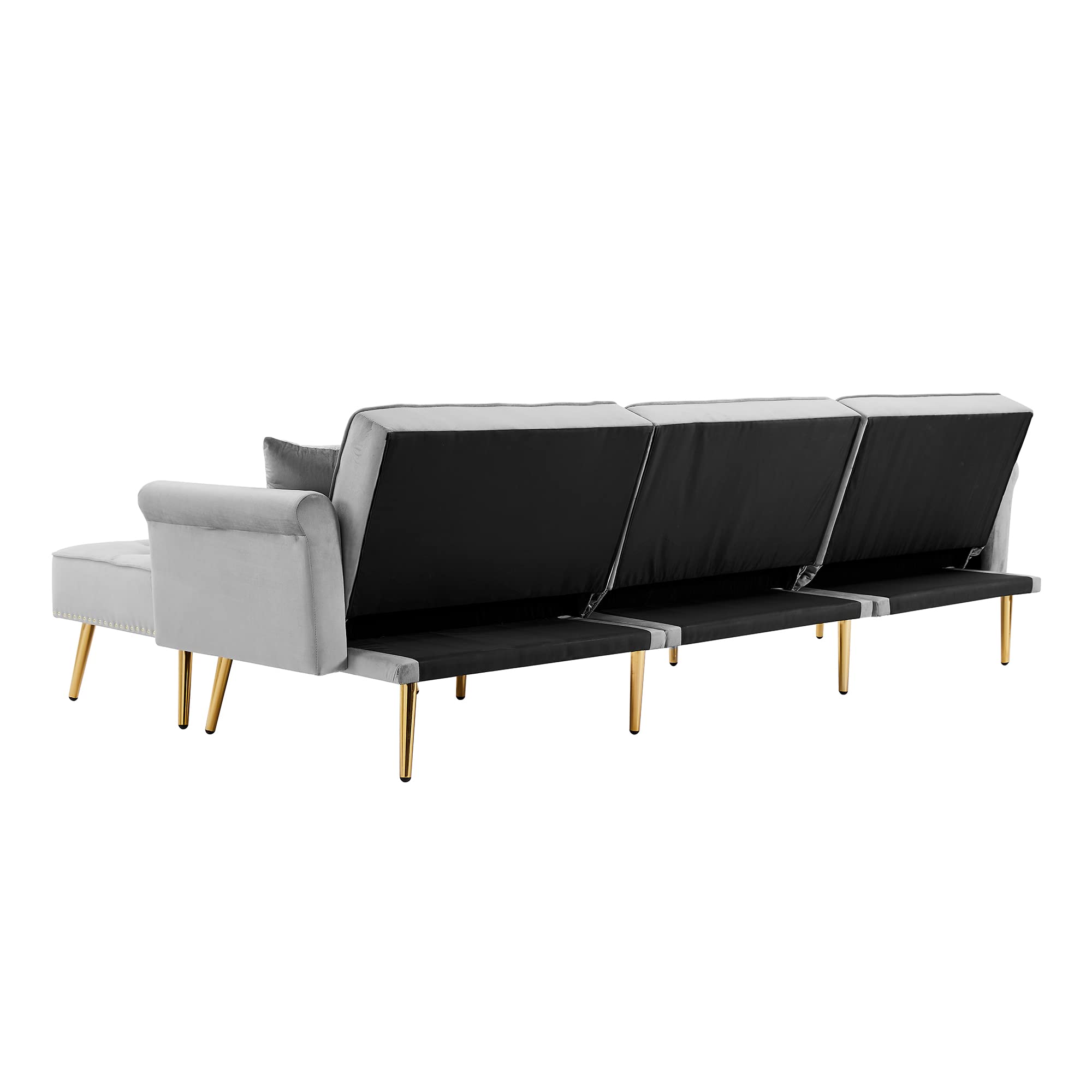 Hommoo 110β Modern Reversible Sectional Couch for Living Room Velvet L Shaped Couch with Removable Ottoman Nailhead Trim 3 Seater Sofa with Metal Gold Legs Light Gray