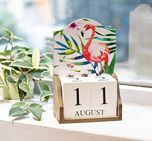 Juvale Wooden Perpetual Desk Calendar Wood Blocks, Flamingo Design (5.5 x 8.75 x 3 inches)