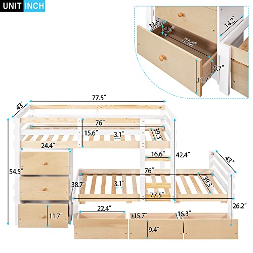 Brisca Twin Over Twin Loft Bunk Bed with 6 Storage Drawers and Ladder,Bed Frame W/Neutral Finish & Simple Design,for Apartment,Bedroom,Guest Room,Natural