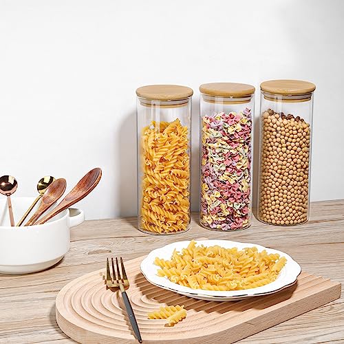 ComSaf Airtight Glass Storage Containers with Bamboo Lid (30oz Set of 3), Clear Food Storage Canisters with Lid, Kitchen Pantry Storage Jar for Flour Cereal Sugar Tea Coffee Beans Snacks, Round
