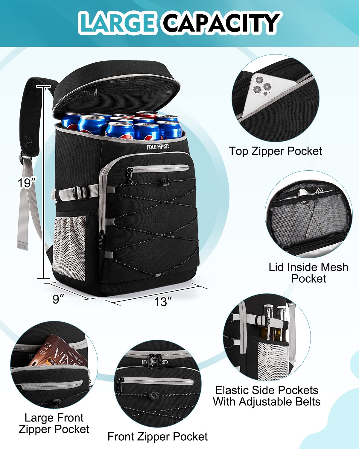 Backpack Cooler Insulated Leak Proof 36 Cans for Women Men, Waterproof Backpack Cooler Bag with Double Decks, Portable Lightweight Lunch Backpack Work Beach Travel Camping Picnic Fishing Hiking Cooler