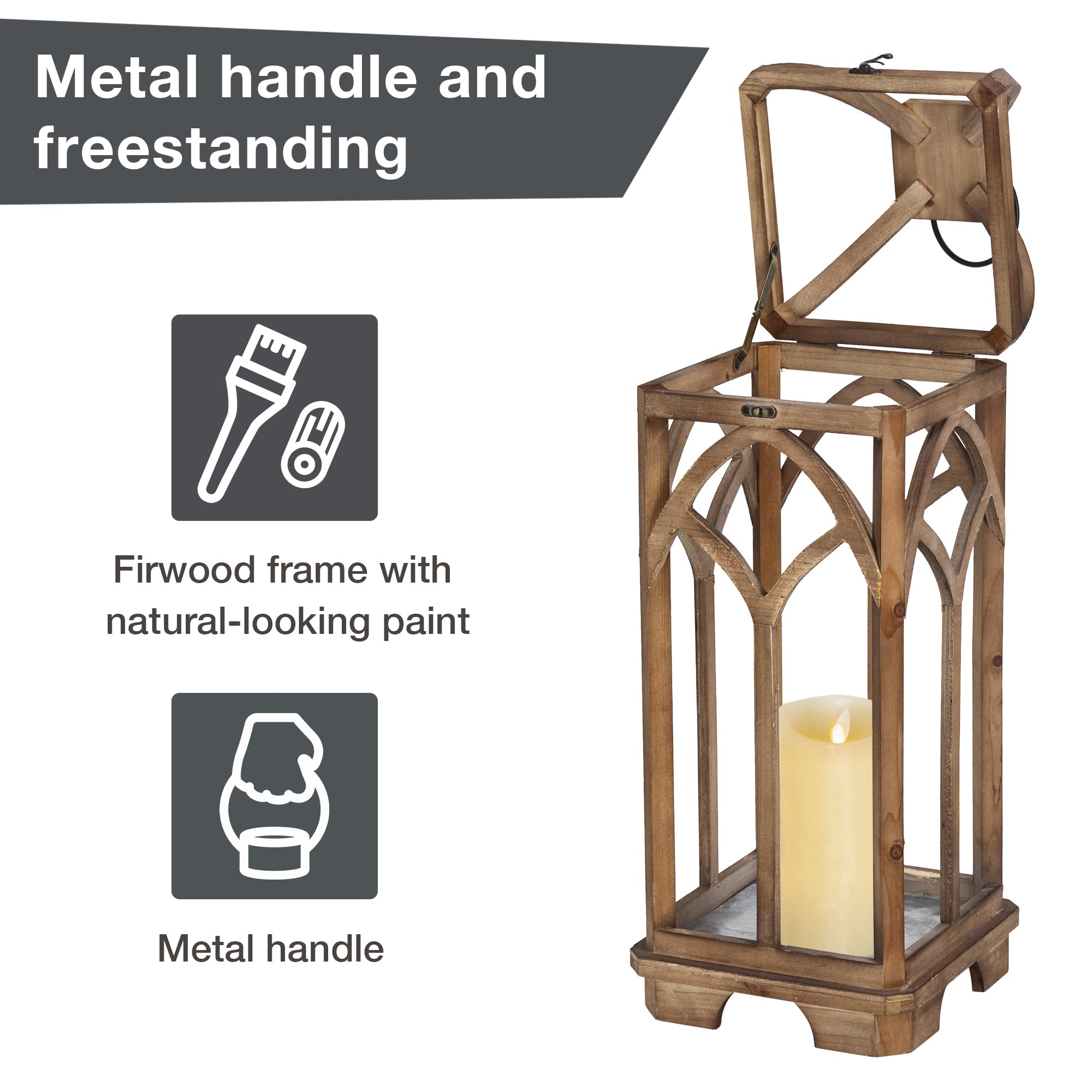 Glitzhome Farmhouse Decorative Lanterns Wooden Candle Lantern Church Window Frame Lanterns for Wedding Mantle Entryway Home Patio Balcony Garden, Pack of 2, Natural, No Glass