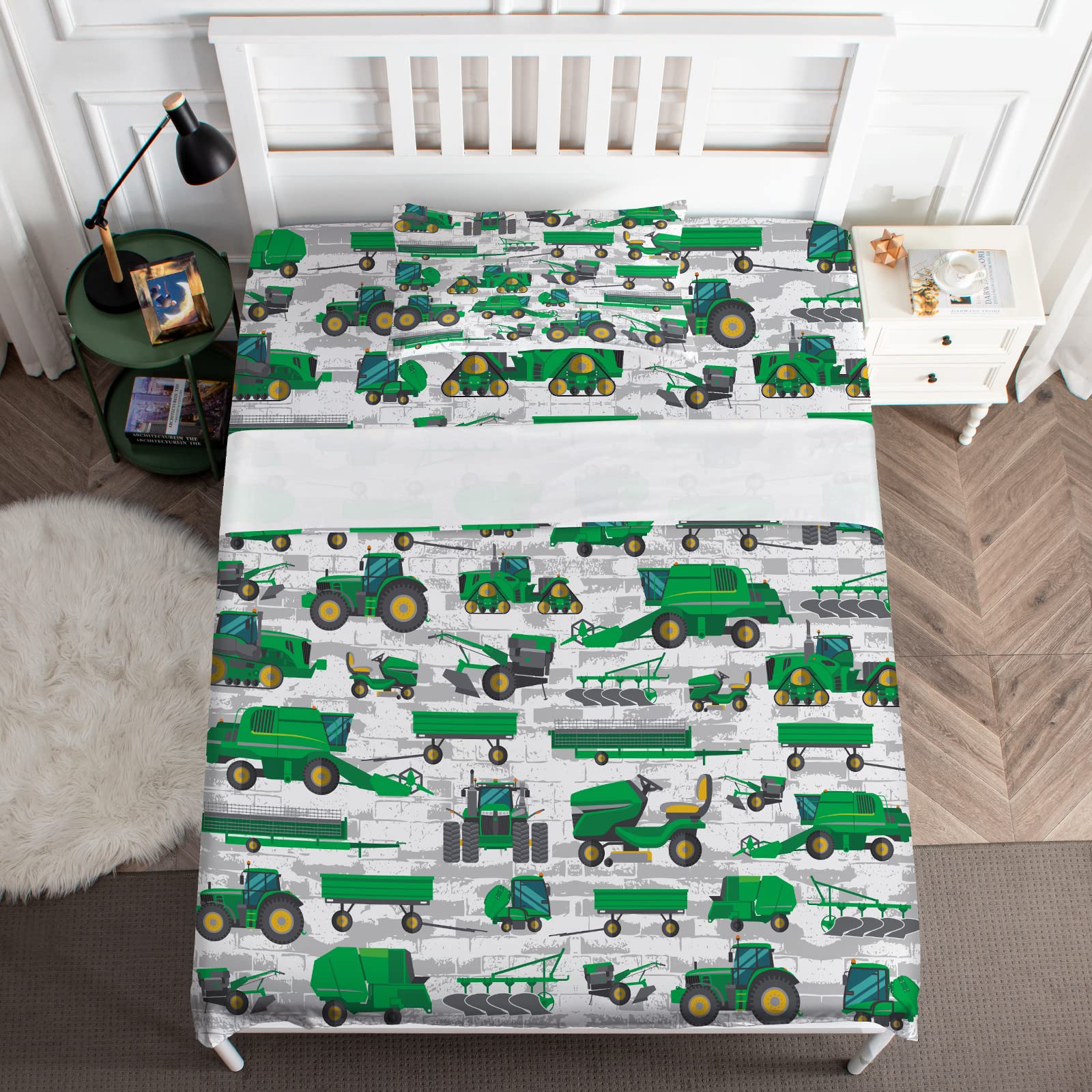 Jekeno Full Size Kids Bedding Sheet Linen Set, Excavator Car Printed Bedroom Decor Bed Sheet Set with Deep Pocket Fitted Sheet + Flat Sheet + 2 PCS Pillowcases for Children Teenager