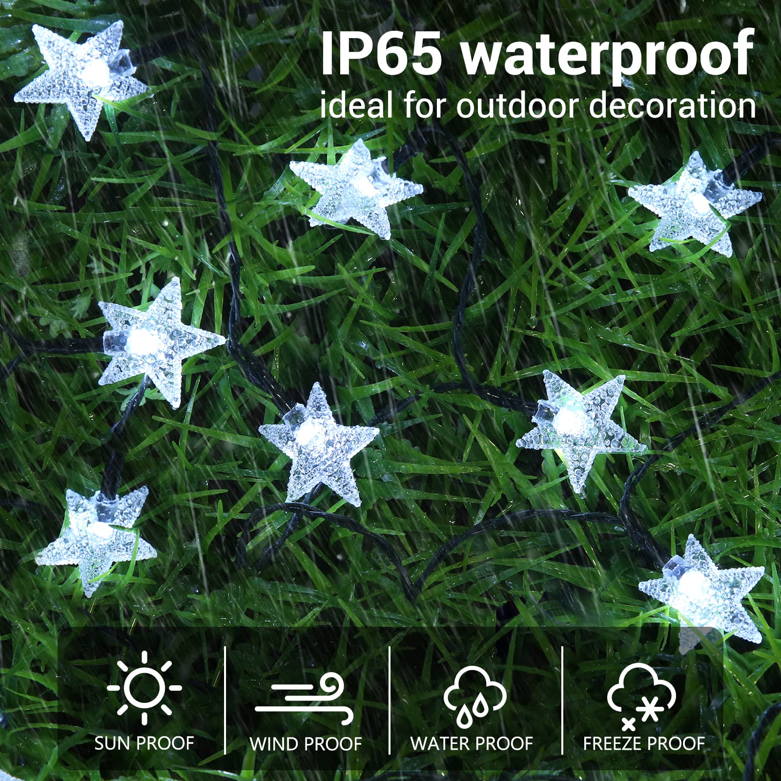 iBaycon Solar Star Lights Outdoor, 32Ft 50LED Star Christmas String Lights, 8 Modes Solar Powered Lights String for House Eaves Roof Christmas Holiday Decorations