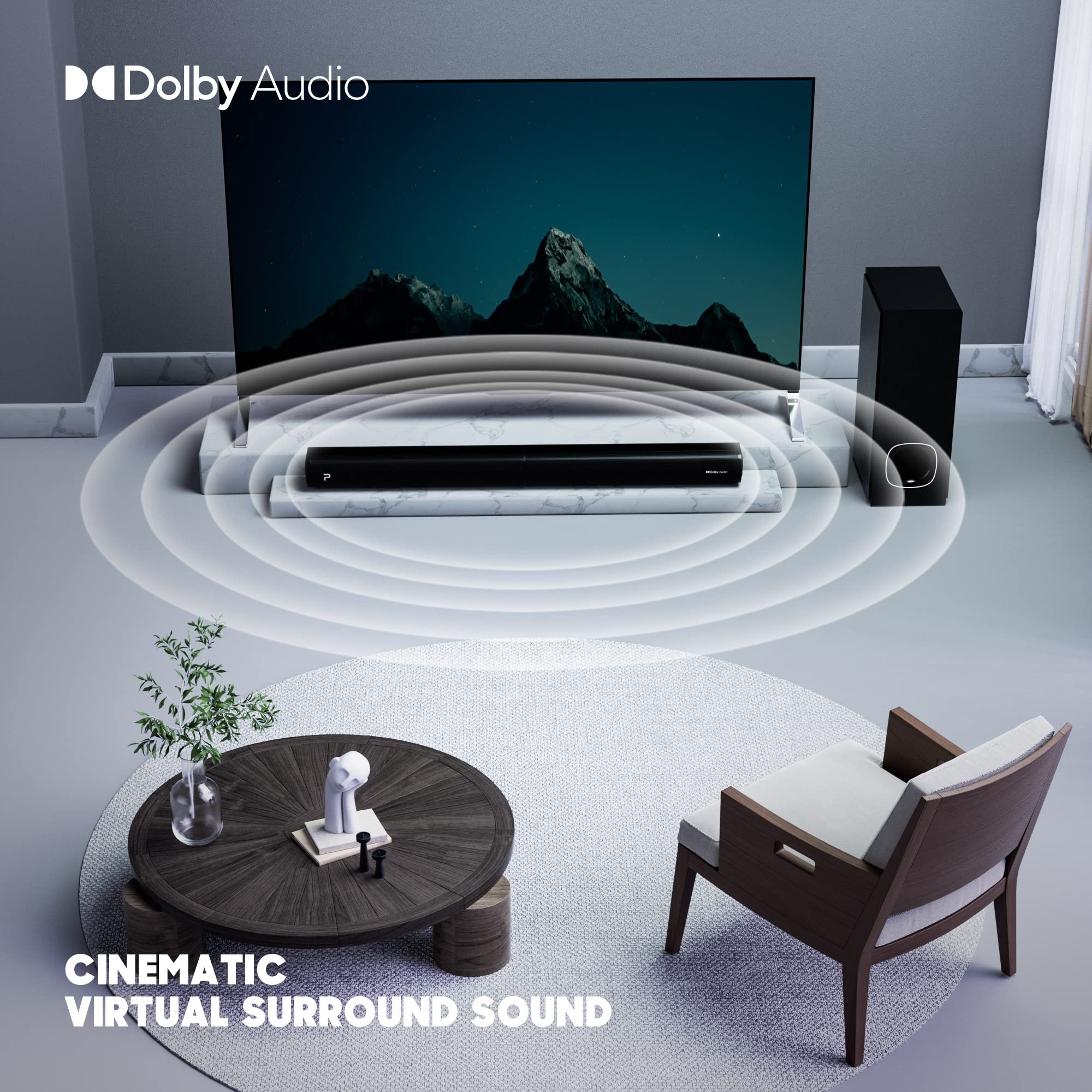 PHEANOO Sound Bar Compatible with Dolby Audio, Roku TV Ready, Sound Bars for TV with Subwoofer, Bluetooth 5.0/HDMI ARC/Optical/AUX/RCA Connection